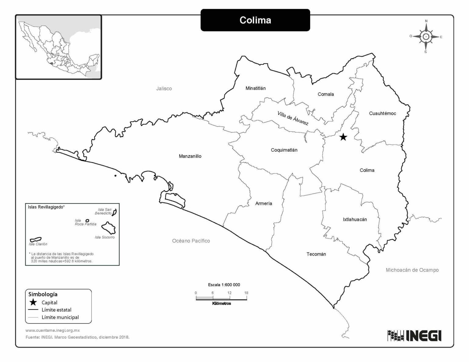 Mapa de Colima a blanco y negro con nombres - Mapas de México para ...